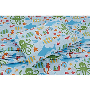 Better Home Style Multicolor Under The Sea Life Whales Fish Seahorse Sea Stars Octopus Lobster Kids/Boys/Teens 3 Piece Sheet Set Includes Pillowcase Flat and Fitted Sheets # Octopus (Twin)