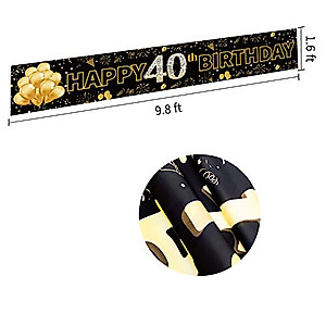 Pimvimcim 40th Birthday Party Banner Decorations for Men & Women, Black Gold 40 Year Old Birthday Party Backdrop Supplies, Happy Forty Birthday Sign Decor(9.8x1.6ft)