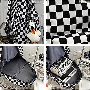 Cute Aesthetic Backpack Checkered Kawaii Backpack with Cute Pendant Checkerboard Casual Daypack College Laptop Bookbag (One Size,Pink)