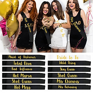 Bachelorette Sash Set (12 pcs) - Bride to Be Sash Bachelorette Party Decorations - Unique Bride and Bridesmaid Sashes for Bachelorette party (Black, Gold letters). Ideal Bridal Shower Supplies