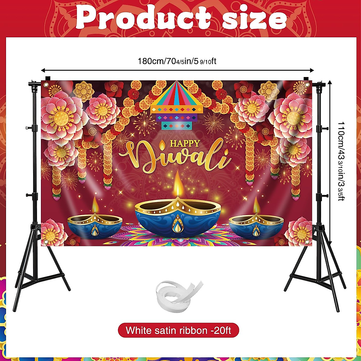 Large 71" X 43" Happy Diwali Backdrop, Red Happy Diwali Banner, Diwali Decorations for Home, Diwali Banner Decorations Backdrop, Celebration Deepavali Party Decorations tineit