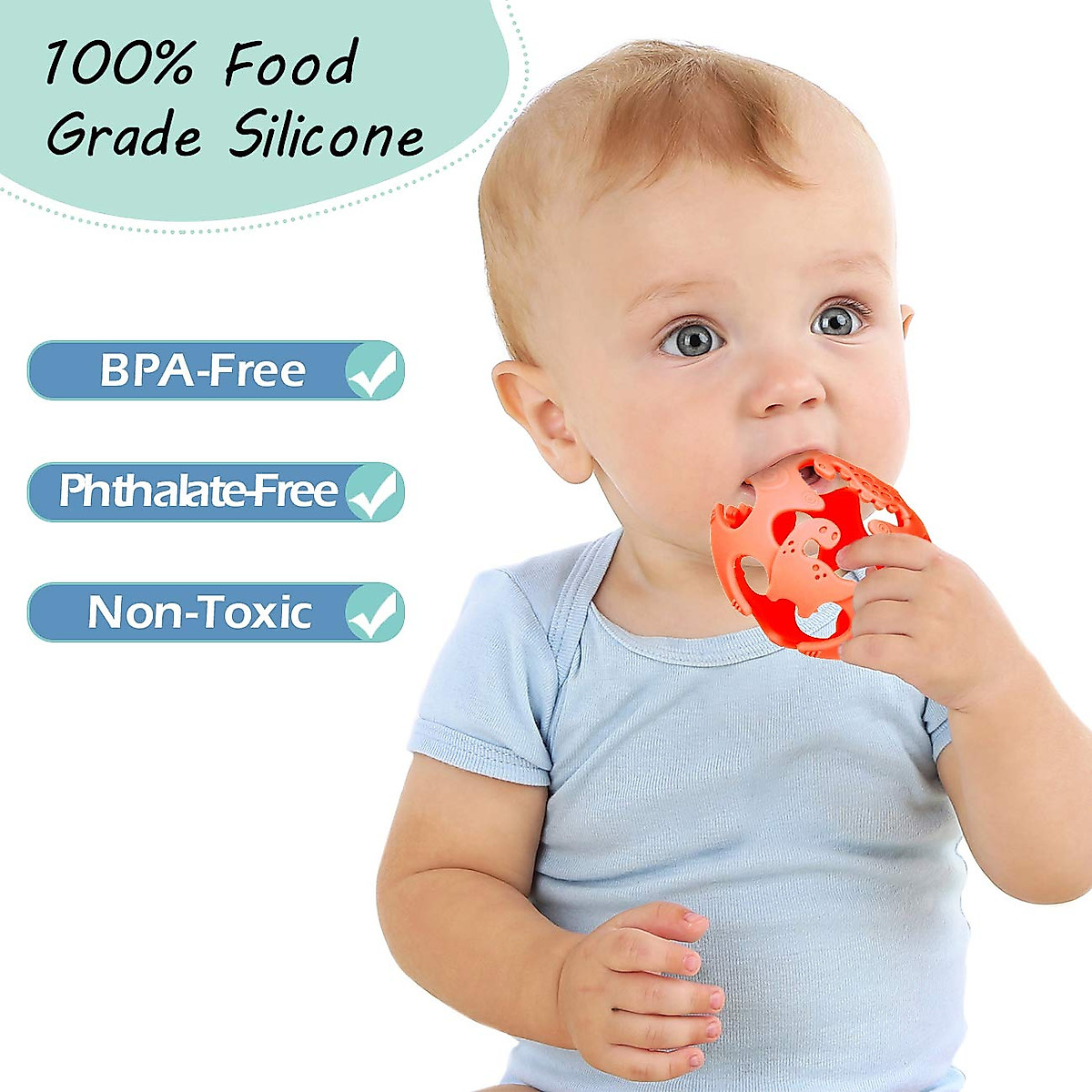 Baby Teething Toys for 3+ Months, Dinosaur Teethers for Babies, Safe Baby Teether Ball, Baby Teething Pacifier, Soft and Durable Teething Balls, (Red)