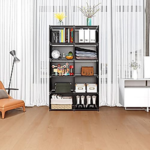 JIUYOTREE 6-Tiers Portable Bookshelf with Fabric Cloth at Back, 10 Cube Closet Storage Organizer Bookcase, Living Room,Study Room,Bedroom, Black