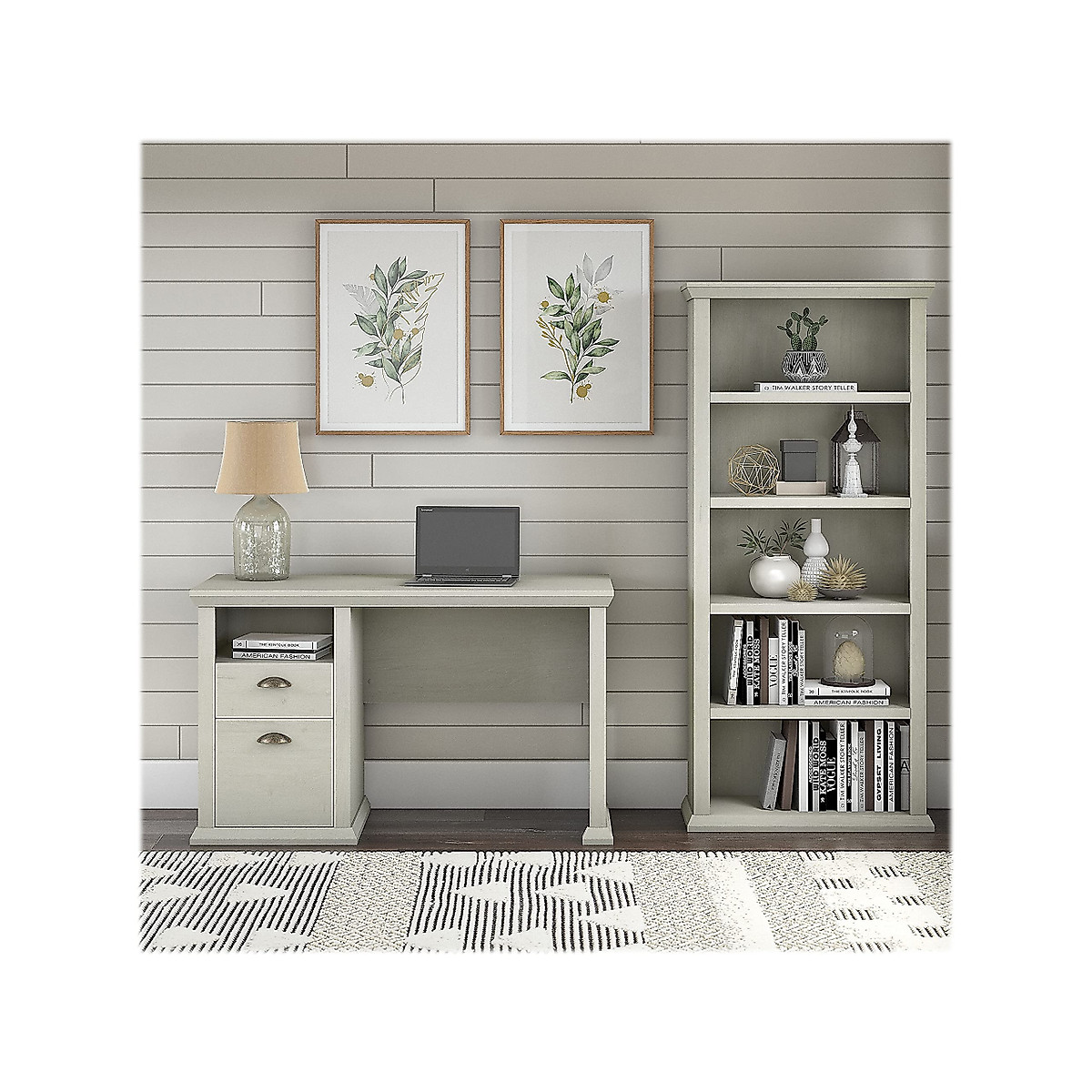 Bush Furniture Yorktown Home Office Desk with 5 Shelf Bookcase, 50W, White Oak
