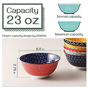 DOWAN Ceramic Cereal Bowls, 23 Oz Vibrant Color Dessert Bowls for Thanksgiving, Christmas and Kitchen, Soup Bowl Set for Pasta, Salad, Ice Cream and Oatmeal, Set of 6