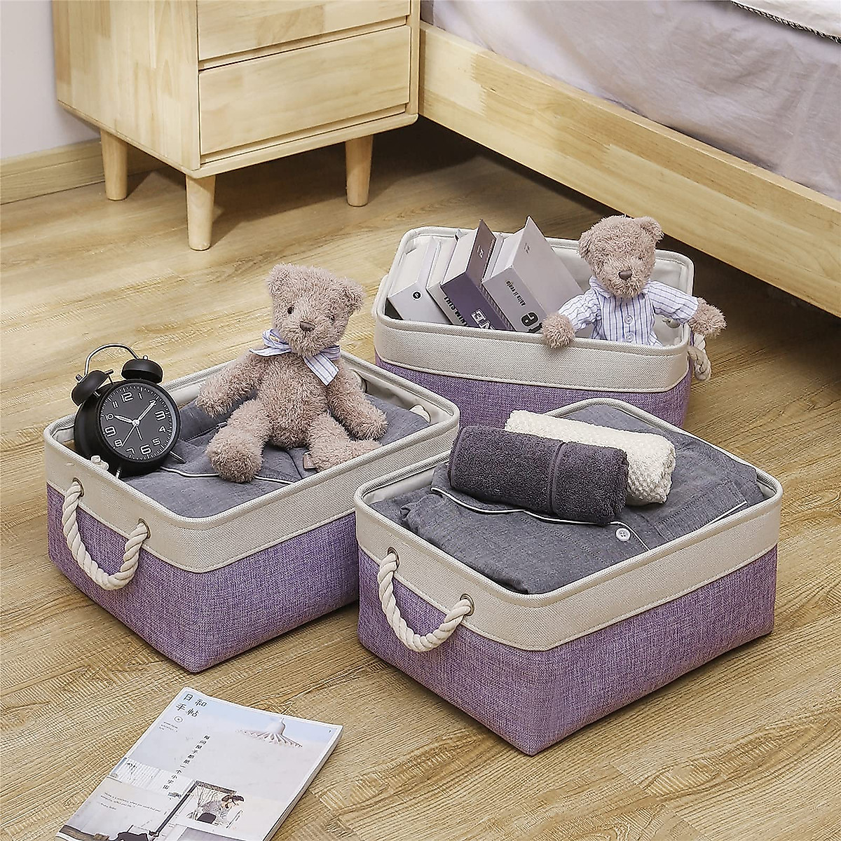 Vinssin Large Storage Basket ,Foldable Purple Basket with Handles, Gift Basket Empty,Canvas Fabric Storage Bin for Organizing,Cupboards, Shelves, Clothes, Toys, Towel, (Purple+White,1 Pack)