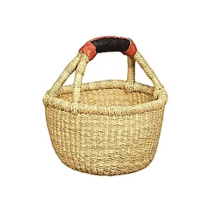 Bolga Baskets International, Small Round Woven Straw Basket with Handle Fair Trade Storage Organizer