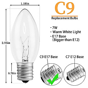 AUMAYCO C9 Replacement Bulbs Clear Incandescent Bulbs 25 Pack, C9 Christmas Light Replacement Bulbs for Christmas String Light, E17 Intermediate Base, 7 Watt Per Bulb