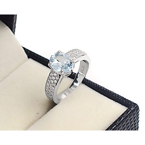 9X7 MM Natural Deep Color Aquamarine Gemstone 925 Sterling Silver March Birthstone Solitaire Unisex Promise Ring For Engagement (Rhodium Plated Silver, 6.5)