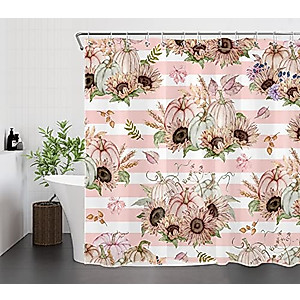 AUEEA Fall Harvest Shower Curtain Watercolor Plant Pumpkin and Sunflower with Green Leaf Shower Curtain Pink White Striped Fabric Shower Curtain Set for Bathroom with Bath Mat and Hooks,72x72 inches