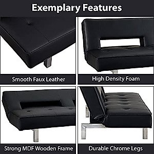 Astrid Futon Sofa Bed Faux Leather Futon Couch Modern Convertible Folding Sofa/Bed Couch with Chrome Legs Reclining Mini Coach Leather Futons Small Couch for Bedroom Living Rooms, Office - Black