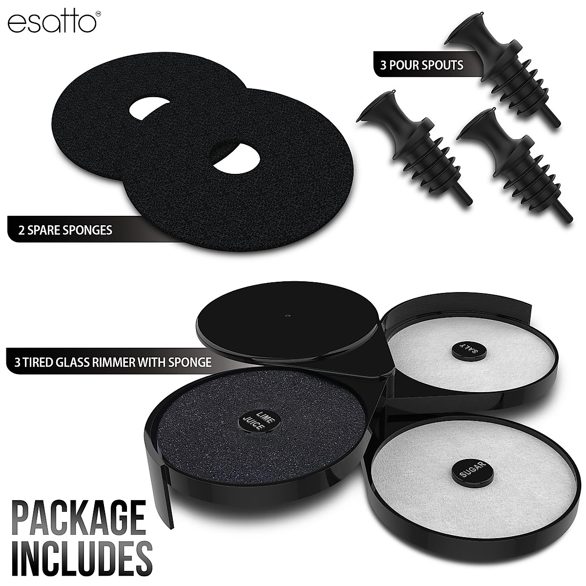 Esatto Glass Salt Rimmer 3 Tier for Margarita Tray and Cocktail, White with 2 Extra Sponge’s + 3 Pourers – Apply Salt, Sugar, and Lime Juice for Better Drinks and Efficient Drink Preparation