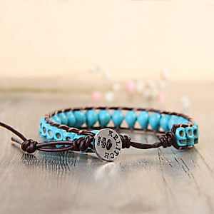 KELITCH New Turquoise Bracelets Skull Beaded Wrap Bracelet on Brown Leather Bracelets Handmade Jewelry