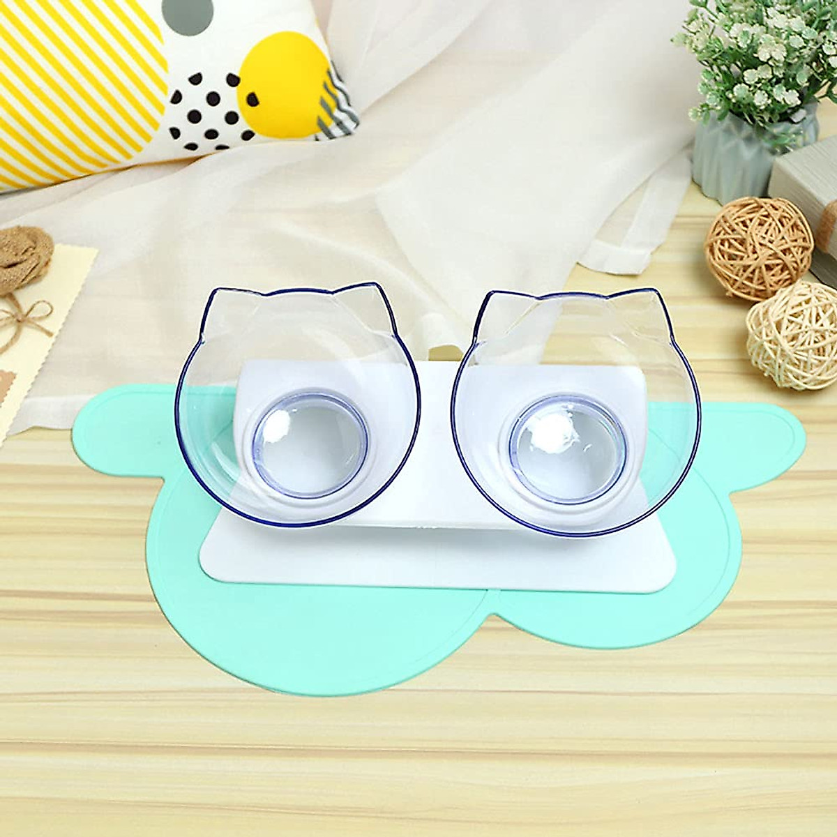 Luck Dawn Double Elevated Cat Bowls with Raised Stand, 15 Tilted cat Bowl Design Neck Guard Stand Raised Pet Food Water Feeder Bowl for Cats or Small Dogs