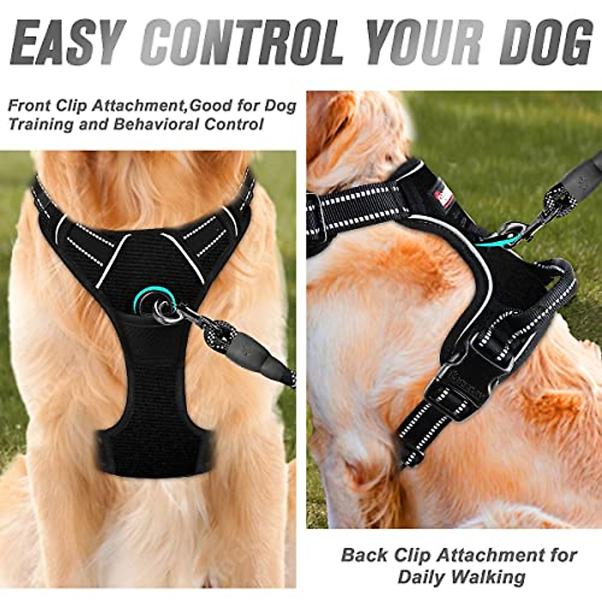 BARKBAY No Pull Dog Harness Front Clip Heavy Duty Reflective Easy Control Handle for Large Dog Walking(Black,L)
