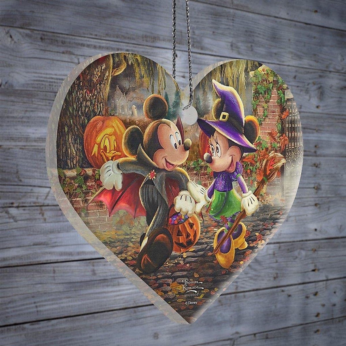 Disney – Mickey and Minnie Mouse – Halloween Fun – Thomas Kinkade Studios – 3.5” x 3” Heart Shaped Hanging Acrylic Print Accessory – Officially Licensed Collectible