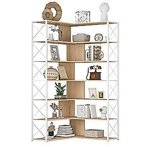 Bookcase 7-Tier Tall Corner Bookshelf, Freestanding L Shaped Storage Organizer Book Shelf with Metal Frame for Living Room Study Room Office