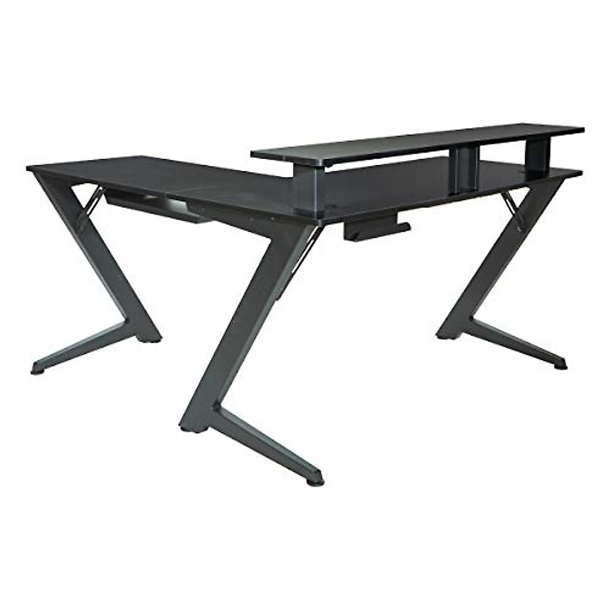 OSP Home Furnishings Avatar Battlestation L-Shape Gaming Desk with Bluetooth RGB LED Lights and Carbon Fiber Surface, Matte Black