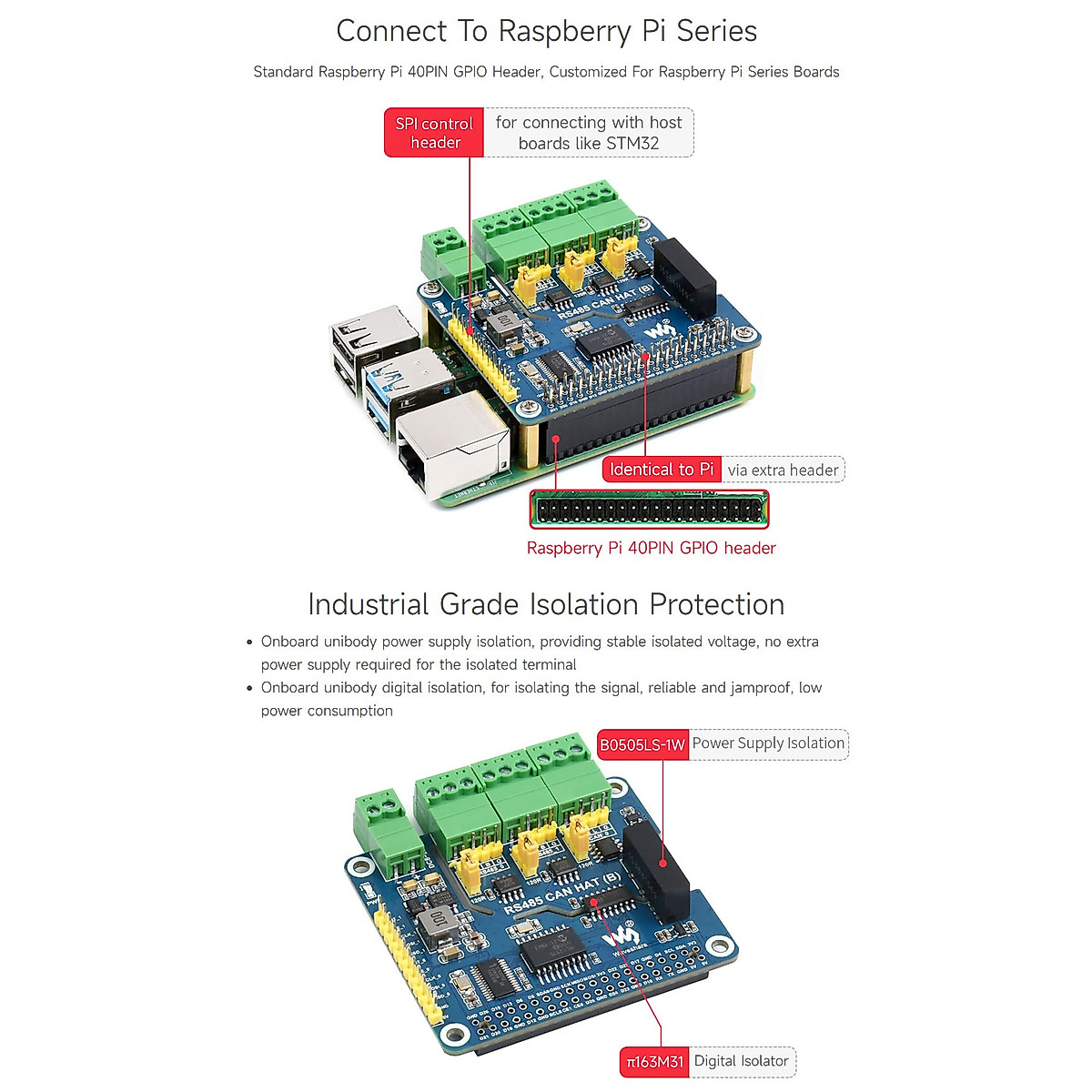 waveshare Isolated RS485 CAN HAT B, Compatible with Raspberry Pi 5/4B/3B/Zero/Zero W/Zero 2W/Pico/Pico W/Pico WH, Type 2-Ch RS485 and 1-Ch CAN Multi Protections