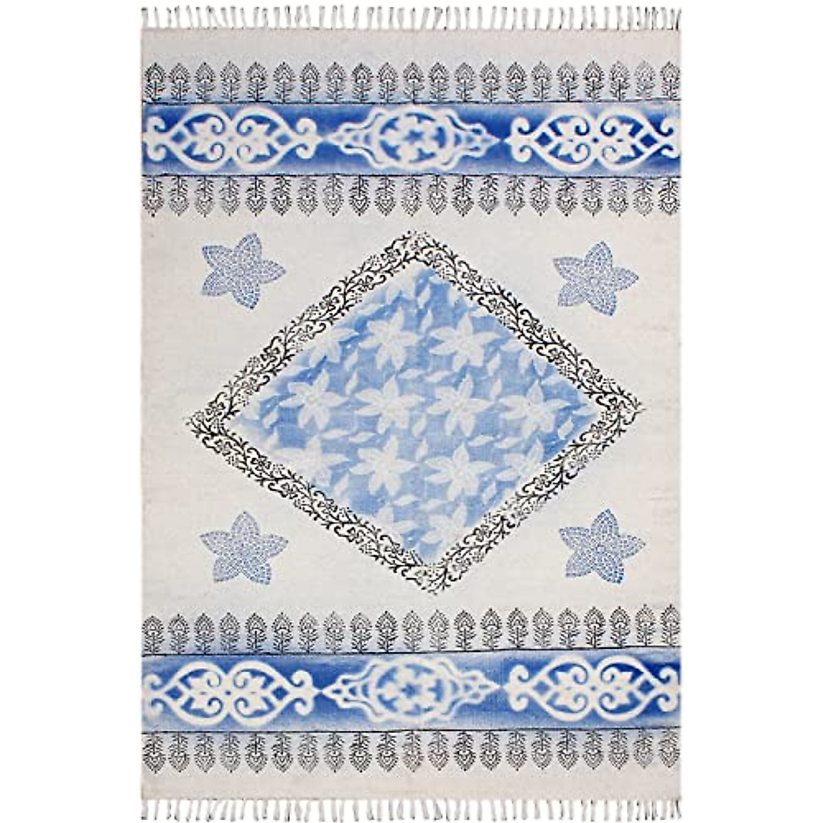 Casavani Hand Block Printed Cotton Dhurrie Geometric Blue & Beige Tassel Rug Easy Care Washable Rugs for Doormat Entryway Living Room Bedroom Hallway Balcony 4x8 Feet