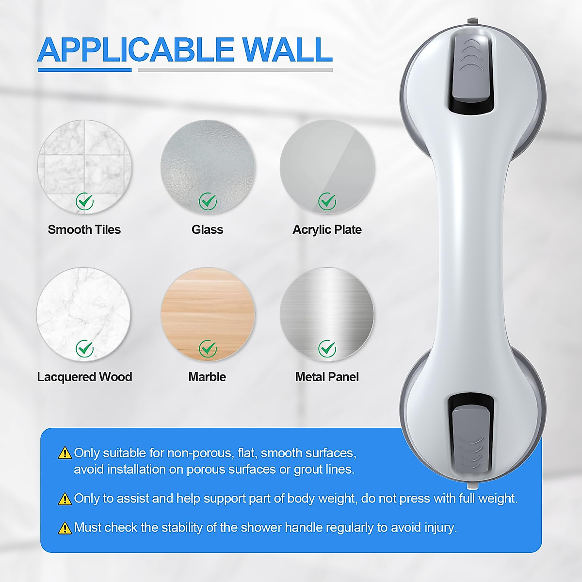 Shower Suction Handle - 12 Inch Support Grab Bars for Bathtub and Showers, Suction Shower Handles for Elderly, Ultra Grip Bath & Shower Grab Bars (2 Pack)