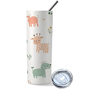 Tumbler with Lid and Straw Cute Cartoon Animal Giraffe Thermos Coffee Travel Mug Cute Cups 20 oz Insulated Tumbler for Daily Holiday Decor Gift Coffee Cup