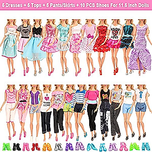 Miunana Lot 34 pcs Random Doll Clothes Shoes Set for 11.5 inch Doll, Includ 10 PCS Boy Doll Clothes + 5 Girl Clothes + 5 Girl Fashion Skirts + 4 Pairs for Boy Shoes + 10 Pairs of Girl Doll Shoes