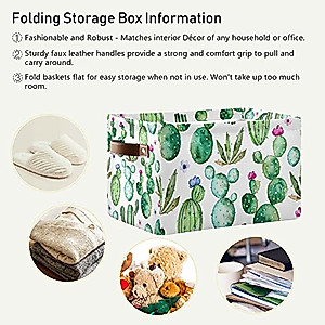 Rectangular Storage Bin Cube Cactus Succulent Floral Foldable Organizer Basket with Handles, Tropical Leaves Flower Collapsible Storage Box for Kids Toy Shelf Closet Nursery