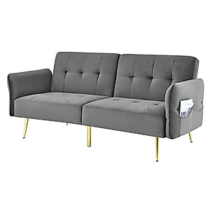 JFUYJK 78" Velvet Futon Sofa Bed, Convertible Sleeper Loveseat Couch with Folded Armrests and Storage Bags Gray