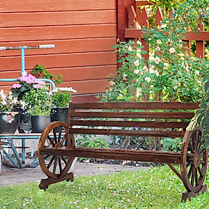 VINGLI Outdoor Rustic Wooden Bench with Wagon Wheel Arms, 3 People Outdoor Bench Garden Bench Front Porch Furniture Patio Lawn Yard Park, Indoor and Ourdoor Decor