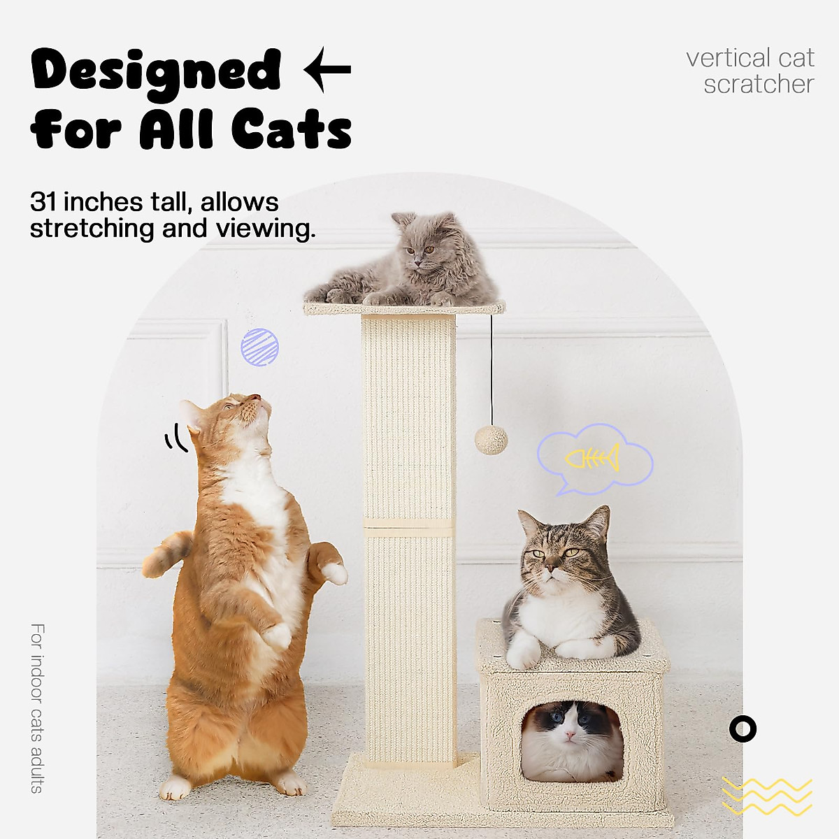 Small Cat Tree, 31 Inches Tall Cat Scratching Post with Perch & Condo, Natural Woven Sisal Cat Post Sctacher, Kitten Scratching Posts for Indoor Cats, Cat Scratch Tower with Fluffy Ball, Beige