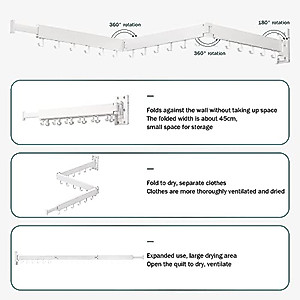 Clothes Drying Rack,Laundry Drying Rack,Laundry Room Organization,Clothes Rack Wall Mount,Wall Mounted Laundry Rack Folding,Retractable Clothing Rack,Collapsible Clothes Hanging Rack(Hooks,White)