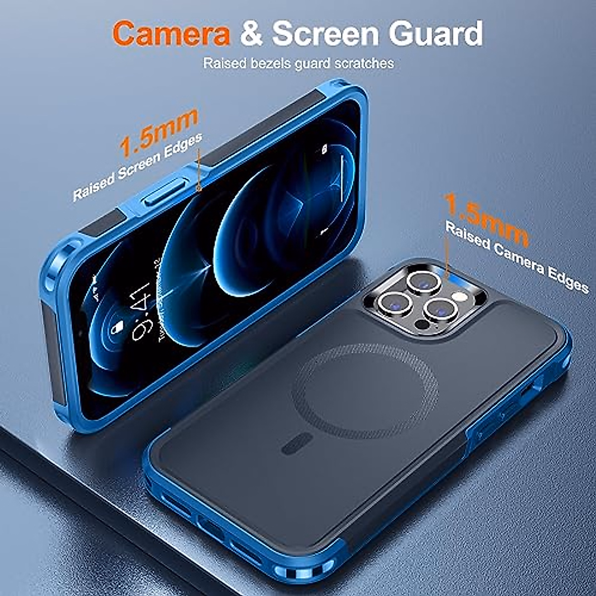 SUPFINE Magnetic for iPhone 12 Pro Max Case (Compatible with MagSafe) (12 FT Military Grade Drop Protection) 2X(Tempered Glass Screen Protector and Camera Lens Protector) Non-Slip Case, Deep Blue