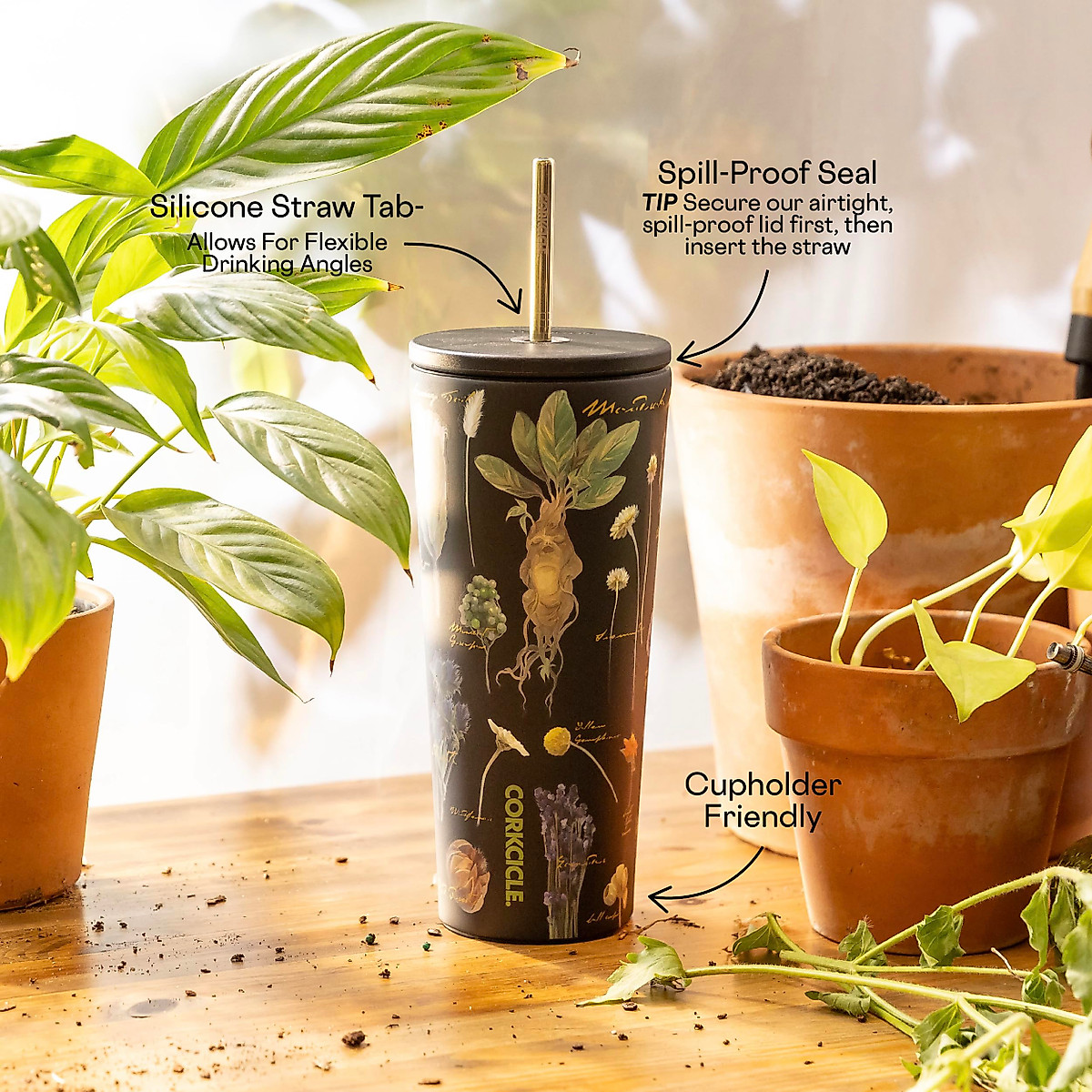 Corkcicle x Warner Brothers Harry Potter Herbology Cold Cup Insulated Tumbler with Lid and Straw, 24 oz – Water Bottle Keeps Drinks Cold 12hrs, Hot 5hrs – Cupholder Friendly, Flexible Sipping Lid