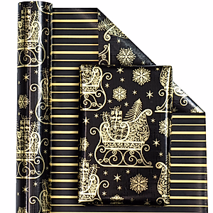 WRAPAHOLIC Reversible Christmas Wrapping Paper - Mini Roll - 17 Inch X 33 Feet - Black and Gold Christmas Sleigh and Stripe with Metallic Foil for Chrsitmas, Holiday, Party Celebration