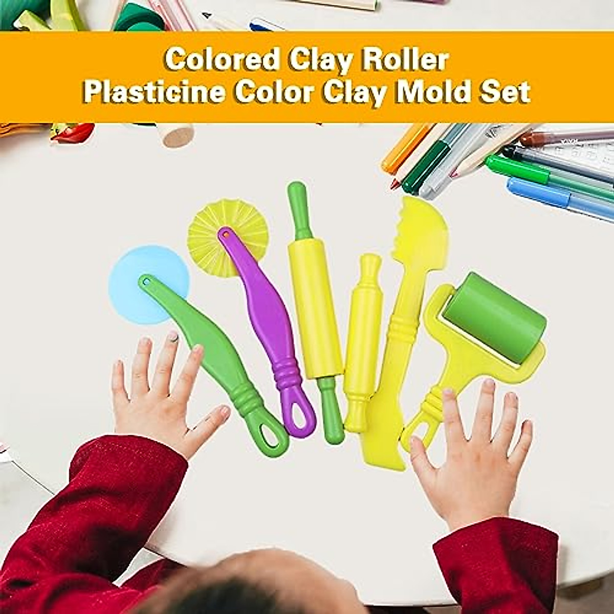 Worparsen Clay Tool Toys Clay and Dough Tools Play Dough Tools Set ​for Kids，Assorted Colors，Various Shape Play Dough Rollers & Cutters Clay Tool Toys Arts and Crafts for Kids Ages 3 & Up 6pcs