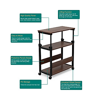 Computer Tower Stand with Wheels, Height Adjustable PC Tower Stand Under Desk, 3 Shelves Rolling Printer Cart for Home Office, Walnut
