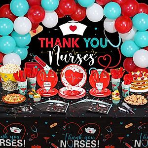 Tudomro 168 Pcs Nurses Party Decorations Nursing Graduation Banner Balloons Thank You Nurse Backdrop Medical Themed Tableware Plates Cups Napkins Tablecloth for RN Nurse Week Party Supplies