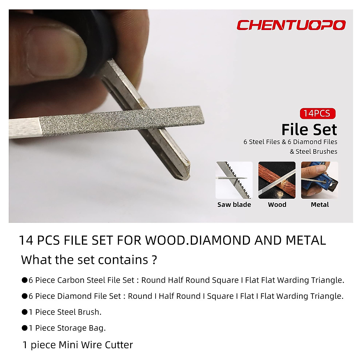 CHENTUOPO Small File Set, Needle Diamond Files 14PCS, 6 Steel Files & 6pcs Jewlers Files for Precision Metal File Work, Wood, Jewelry, Model, DIY and Nearly All Uses. Free Bonus: Cutter