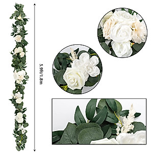 COCOBOO 5.9ft Eucalyptus Garland with Rose Flower Wedding Arch Flowers White Flower Garland for Wedding Arch Party Garden Decor (Champagne&White)