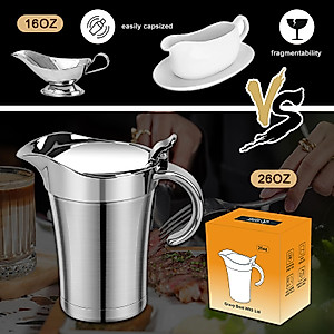 Yelocota Gravy Boat – 26oz Stainless Steel Gravy Boat with Hinged Lid – Double Wall Insulated Gravy Boat for Milk and Cream – Multipurpose Milk Jug Dispenser for Sauce, Syrup, Creamer