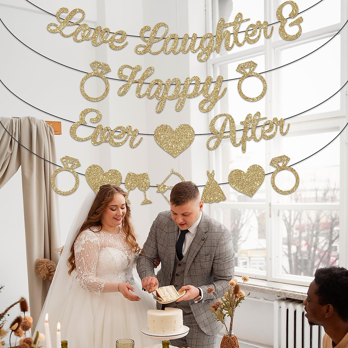 NO-DIY Love Laughter & Happily Ever After Banner, Gold Glitter Wedding Shower Decorations includes Bridal Shower Banner and Bridal Shower Decorations Garland for Bridal Wedding Decorations