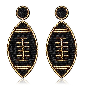 Beaded Football Earrings Handmade Cute Baseball Basketball Softball Soccer Teardrop Dangle Earrings Fun Play Ball Game Dangling Earrings Spring Summer Holiday Sport Party Favor Gift for Women Ladies (black football earrings)