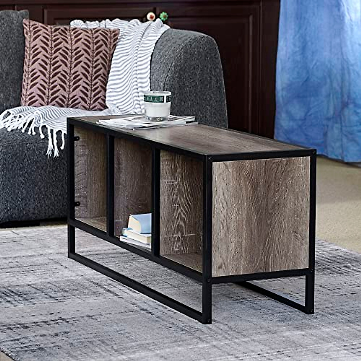 Household Essentials Jamestown TV Stand Coffee Table with Square Cube Storage Compartments Ashwood Rustic Wood Grain and Black Metal