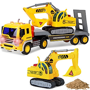 Liberty Imports Big Rig Tractor Trailer Low Boy Transport Flat Bed with Excavator Toy Trucks Combo, Semi Truck with Lights and Sounds, Flatbed Push and Go Construction Vehicle for Kids