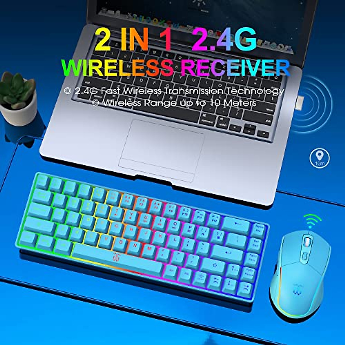 Snpurdiri 60% Wireless Gaming Keyboard and Mouse Combo,LED Backlit Rechargeable 2000mAh Battery,Small Membrane But Mechanical Feel Keyboard + 6D 3200DPI Mice for Gaming,Business Office（Blue