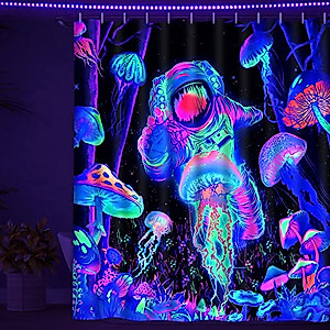 Alishomtll 4 Pcs Blacklight Astronaut Kids Shower Curtain Sets with Rugs, Black Light Space Bathroom Set with Shower Curtain and Rugs, Mushroom Jellyfish Bathroom Sets Decor for Men