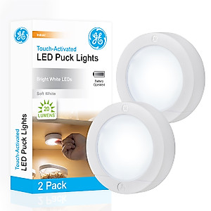 GE Wireless LED Puck Lights, 2 Pack, Battery Operated, 20 Lumens, Touch Light, Tap Light, Stick on Lights, Under Cabinet Lighting, Ideal for Kitchen Cabinets, Closets, Garage and More, 25434