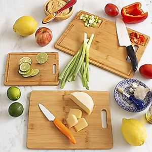 HHXRISE Original Bamboo Cutting Board(3 Piece Set) With Handle For Kitchen, With Built-In Compartments And Juice Grooves, Heavy Duty Chopping Board Serving Tray, Butcher Block, Carving Board…