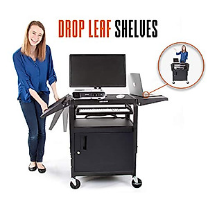 Line Leader AV Cart with Locking Cabinet and Drop Leaves | Height Adjustable Utility Cart with Extra Storage | Power Strip and Cord Management | Great for Presentations (Black / 46 x 18)